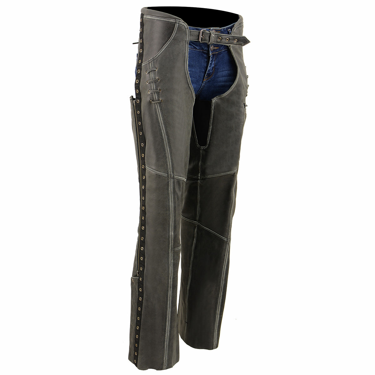 Milwaukee Leather Women Distress Grey Premium Leather Motorcycle Chaps